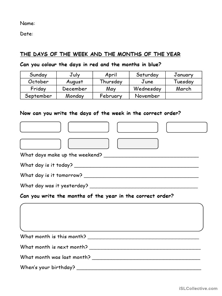 Days and Months Coloring Activity | PDF