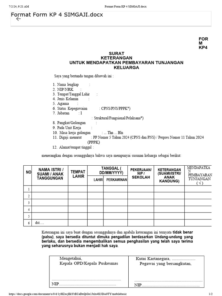 Format Form KP 4 SIMGAJI | PDF