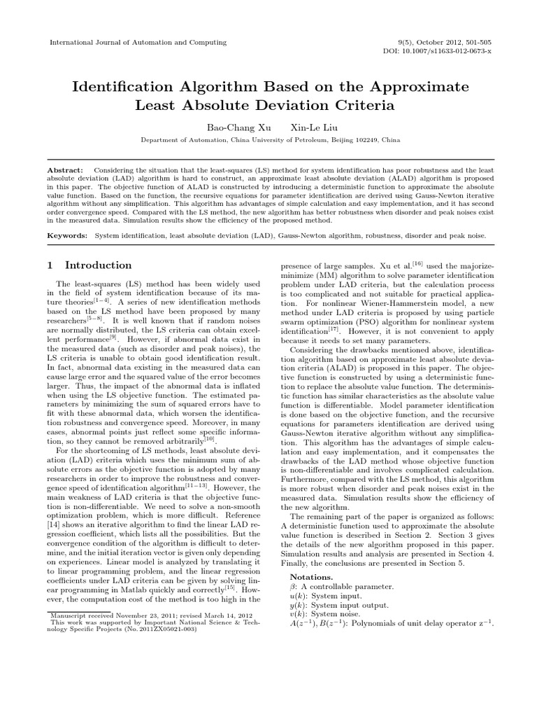 Identification Algorithm Based On The Approximate Least Absolute Deviation Criteria | PDF ...