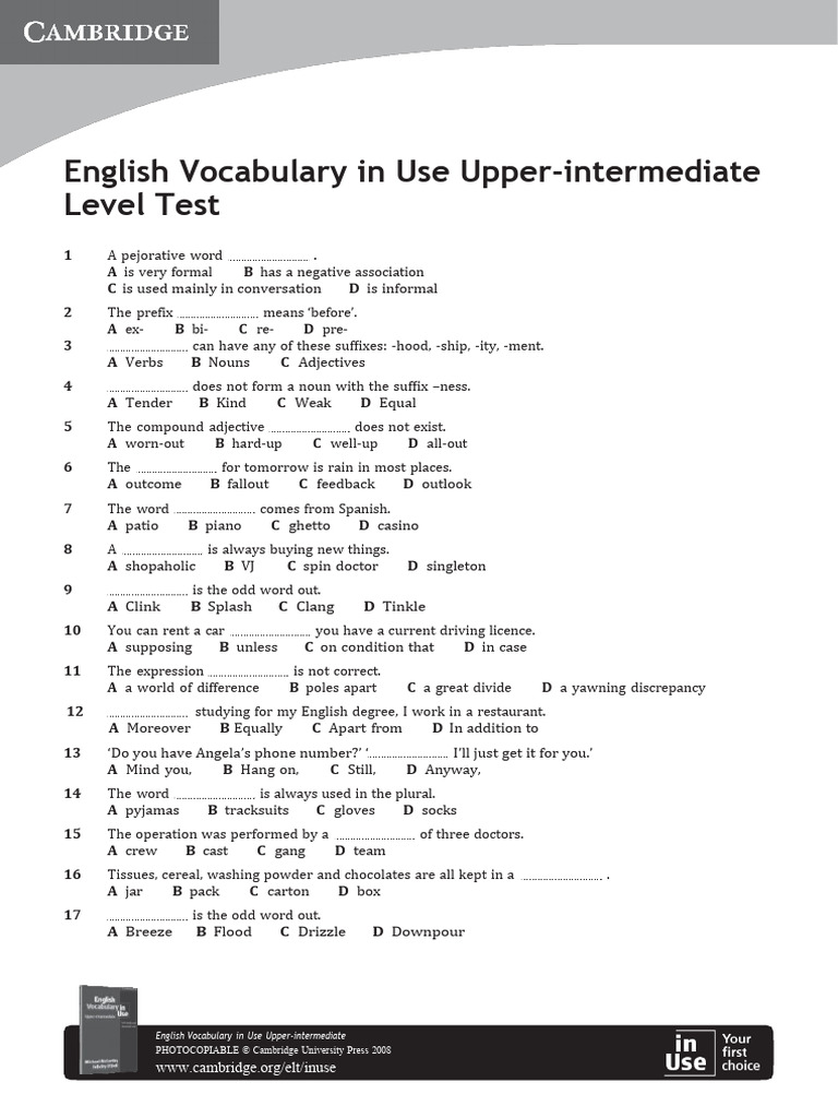Upper-Intermediate Vocabulary Test | PDF | Linguistic Morphology ...