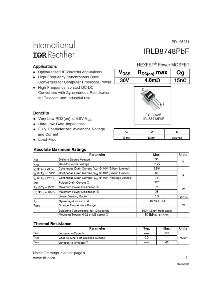 Infineon IRLB8748 DataSheet v01 - 01 EN | PDF | Field Effect Transistor | Electromagnetism