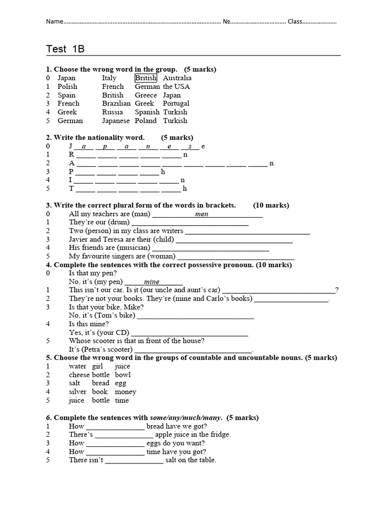 Test 1B - 5 клас | PDF | Language Mechanics | Linguistic Typology