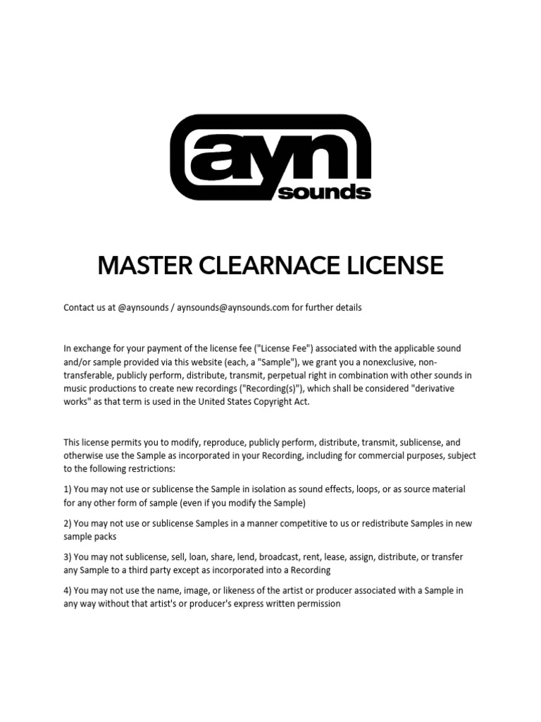 Ayn Sounds Master Clearnace License | PDF | License | Copyright