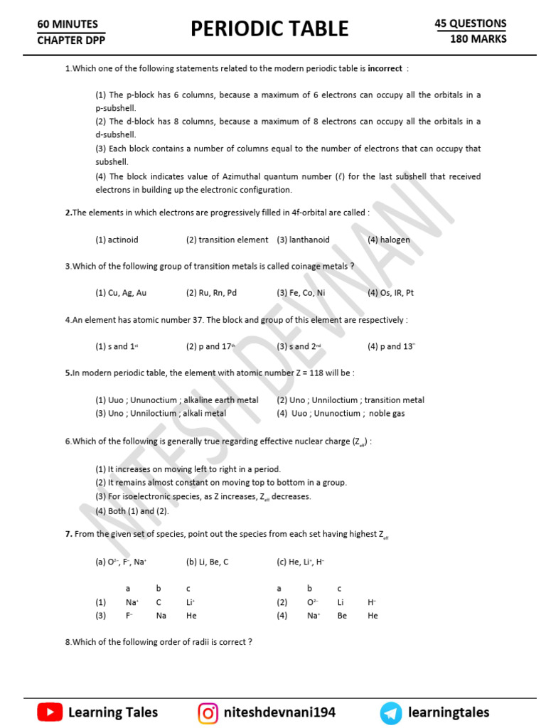 Periodic Table Dpp With Solutions-1 | PDF | Ion | Ionic Bonding