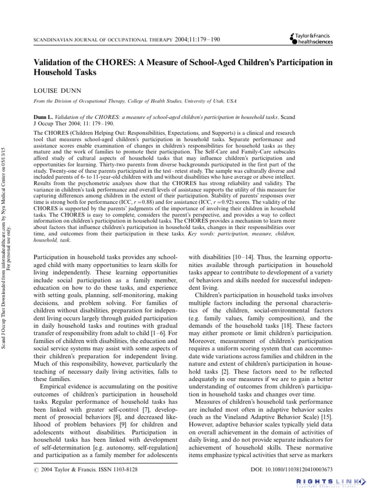 Validation of The CHORES: A Measure of School-Aged Children's ...