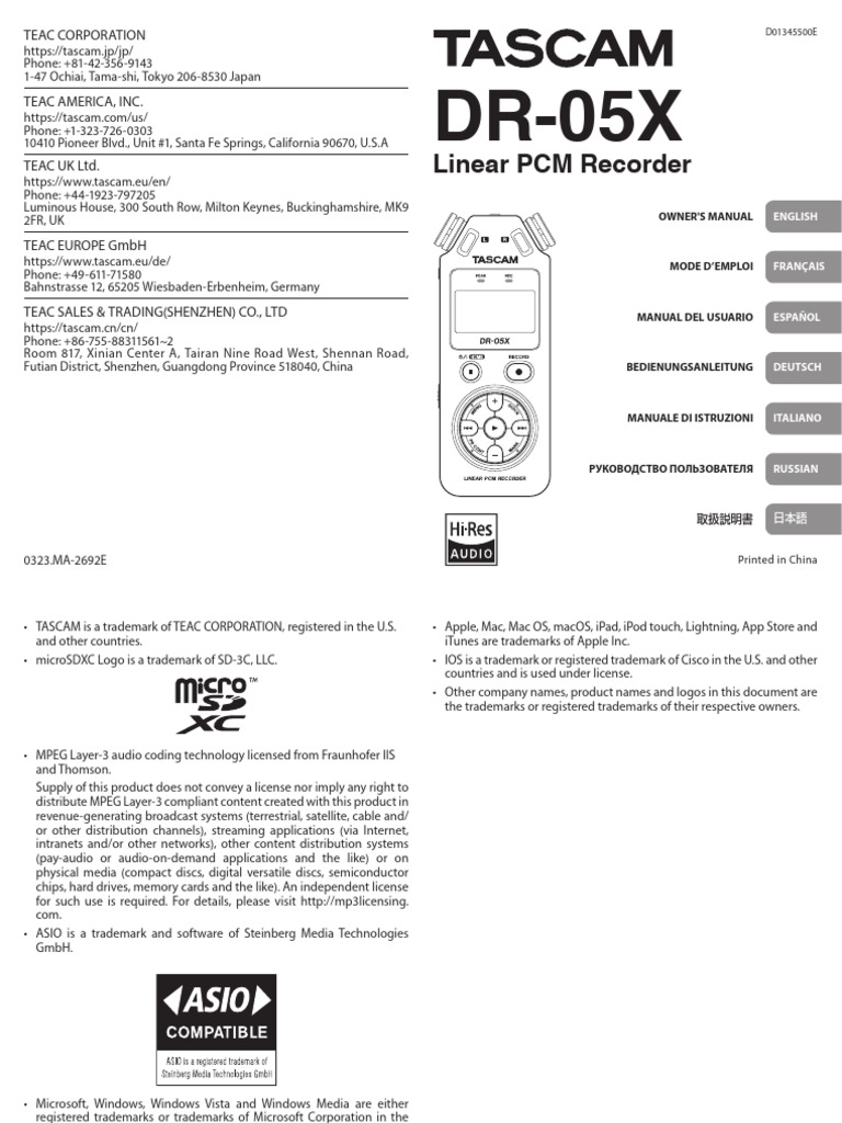 TASCAM DR-05X Owner's Manual | PDF | Waste | Waste Management