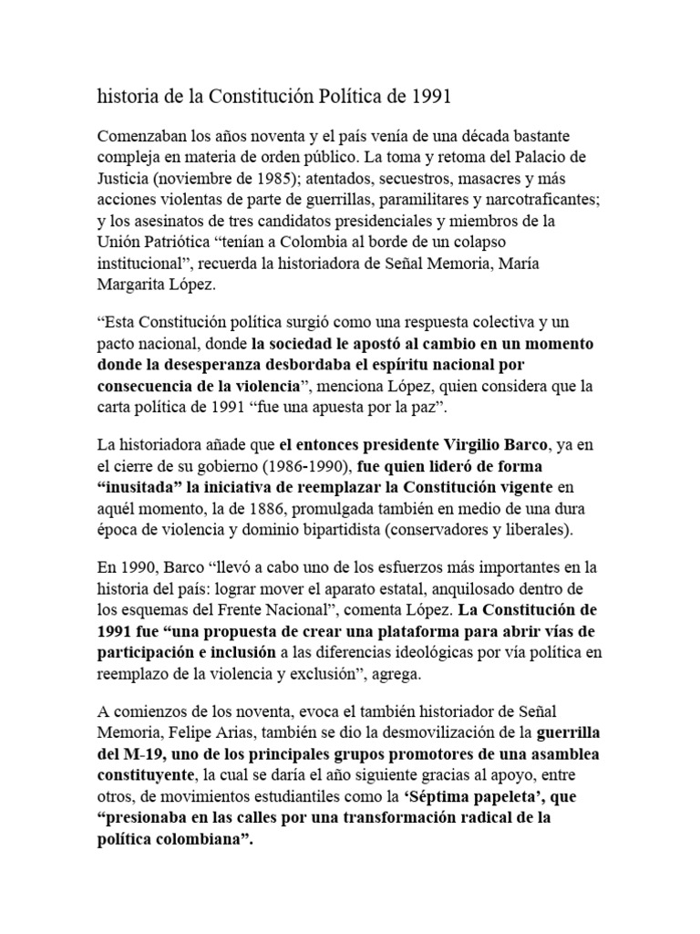 Breve Historia De La Constitución Política De 1991 Pdf Gobierno