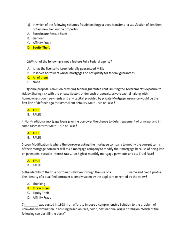 Mortgage Fraud & Lending Quiz | PDF | Mortgages | Loans