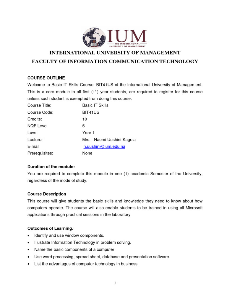 Course Outline Basic IT Skills | PDF | Computer Engineering | Software ...