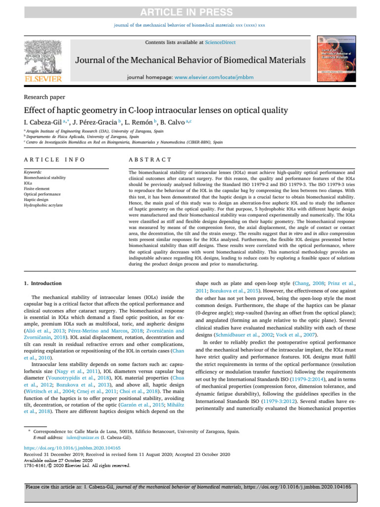 Effect of Haptic Geometry in C-Loop Intraocular Lenses On Optical ...