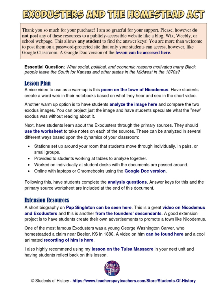 Exodusters Lesson | PDF | The United States | Society Of The United States