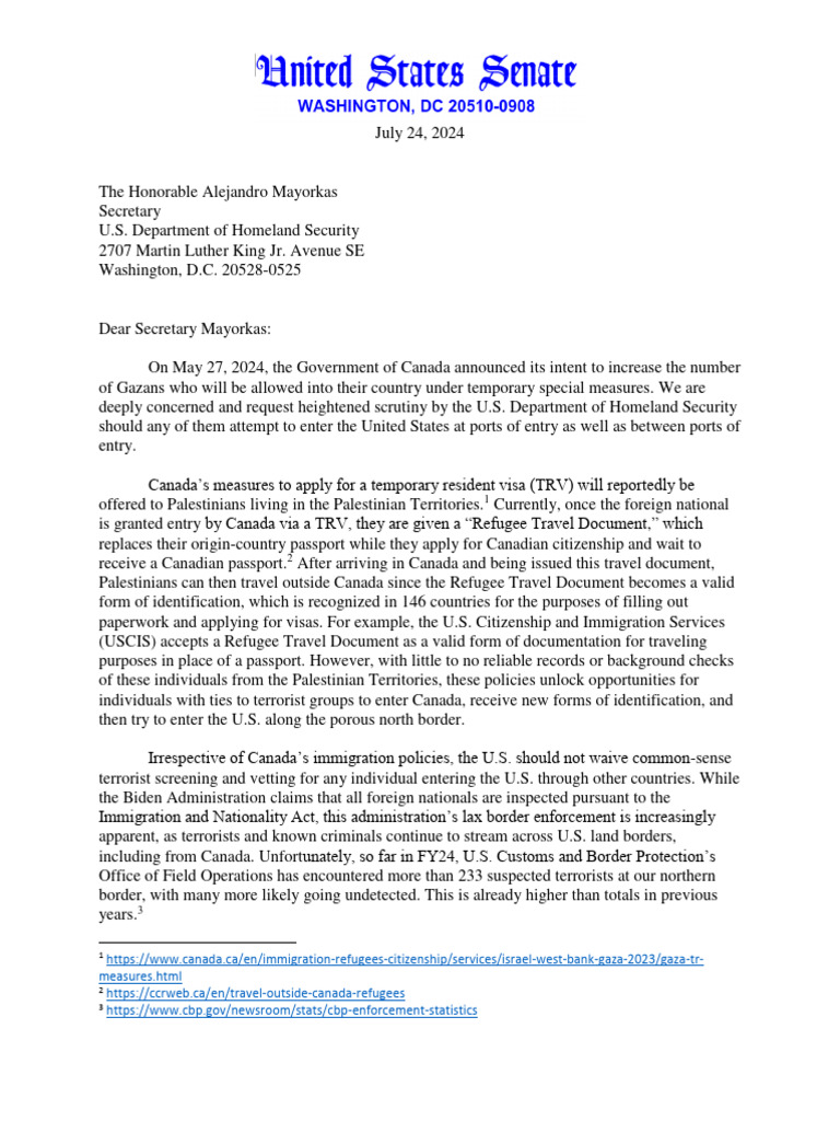 Marco Rubio Letter Regarding Gaza Refugees Traveling With Canadian ...