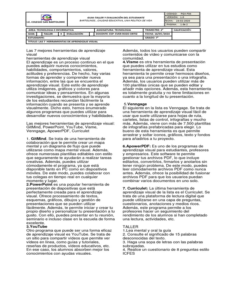 Las 7 Herramientas de Aprendizaje Visual Grado 7 2024 | PDF ...