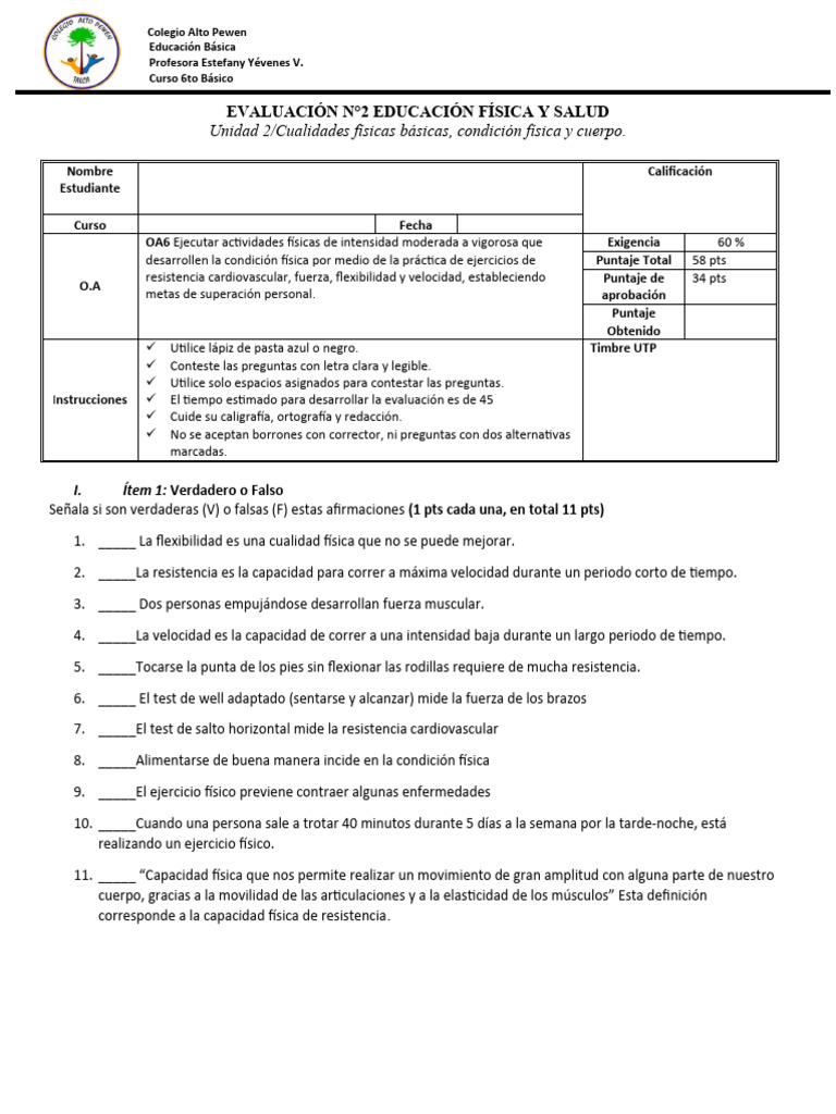 Prueba 6to Básico Pdf Flexibilidad Anatomía Sistema
