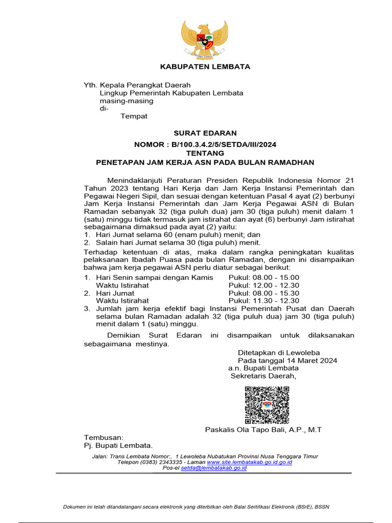 PDF SE Jam Kerja ASN Pada Bulan Ramadhan 2024 | PDF