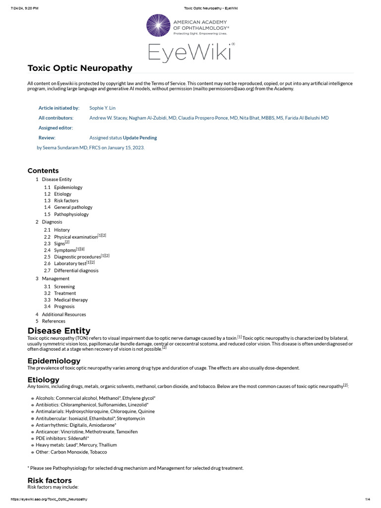 Toxic Optic Neuropathy - EyeWiki | PDF | Retina | Peripheral Neuropathy