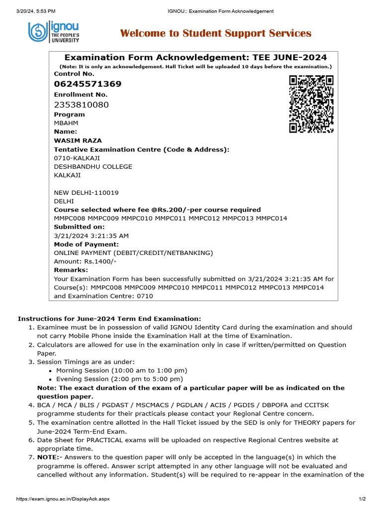 IGNOU Examination Form SEM-2 | PDF | Banking Technology | Payments