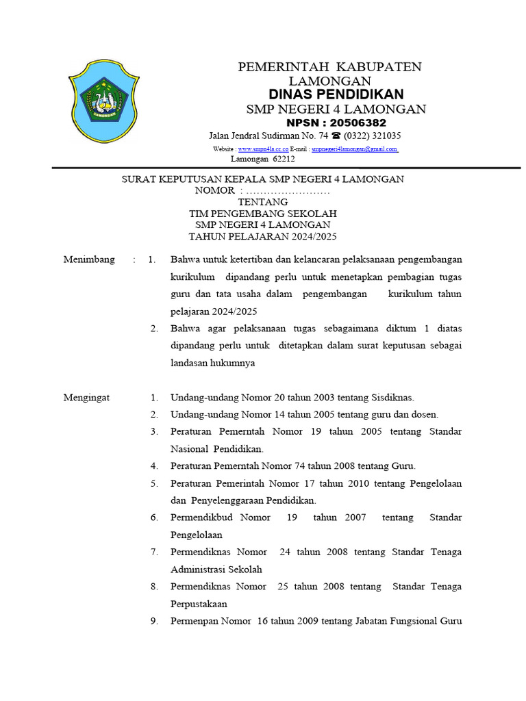SK TIM Pengembang Kurikulum SMP | PDF