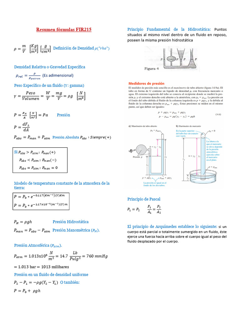Resumen fórmulas FIR215 | PDF | Densidad | Ingeniería Química