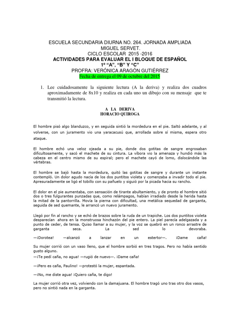 A La Deriva Horacio Quiroga | PDF | Suicidio