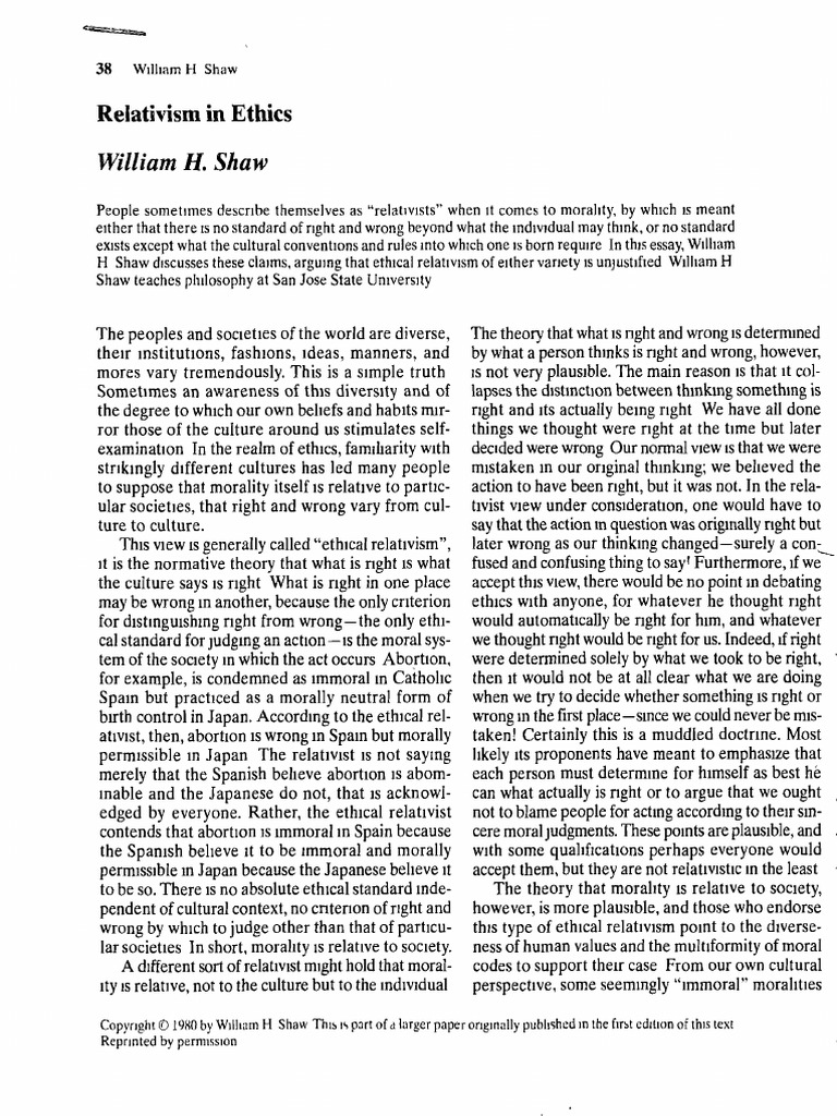 Relativism in Ethics - William Shaw | PDF | Idea | David Hume
