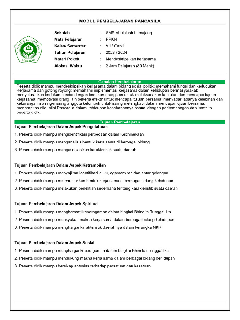 Modul Ajar Pancasila VII Ganjil 2022 2023 | PDF