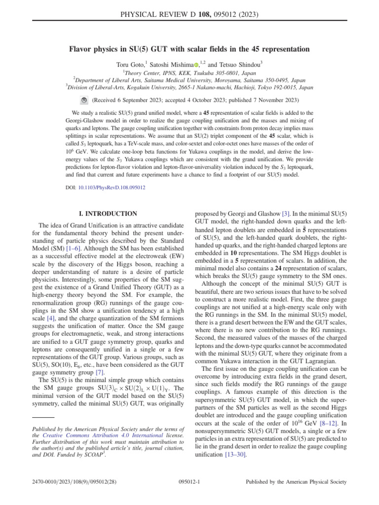 Flavor Physics in SU (5) GUT | PDF | Quantum Field Theory | Theoretical ...
