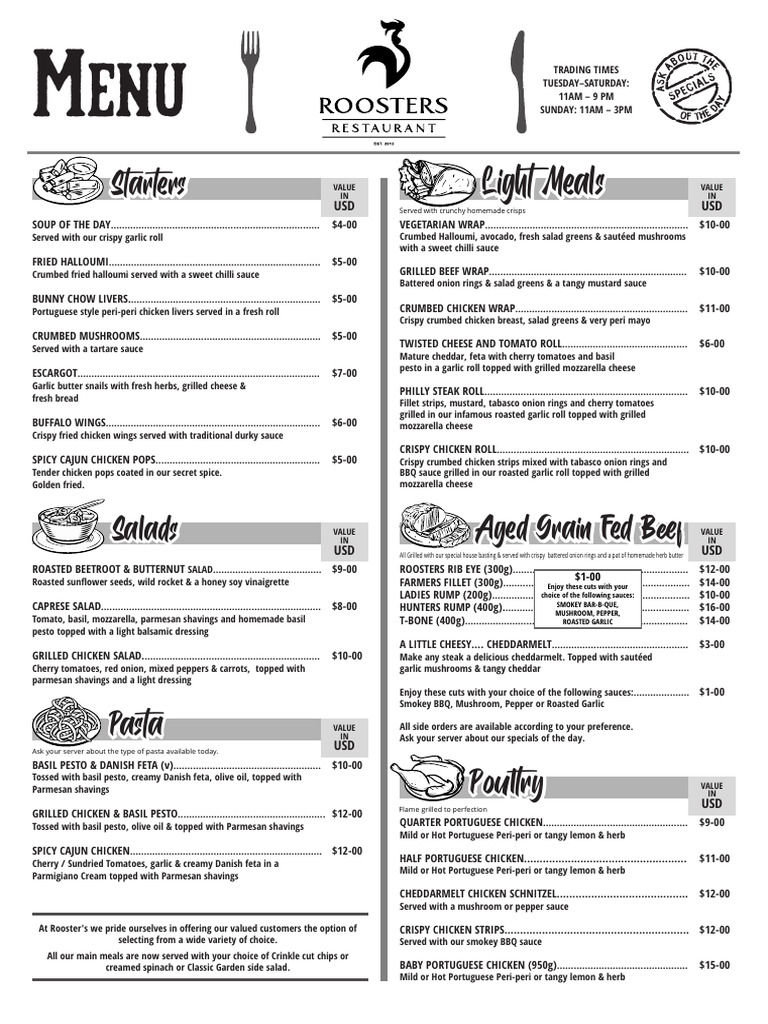 Roosters Menu A4 Dec 2022 | PDF | Pesto | Sauce