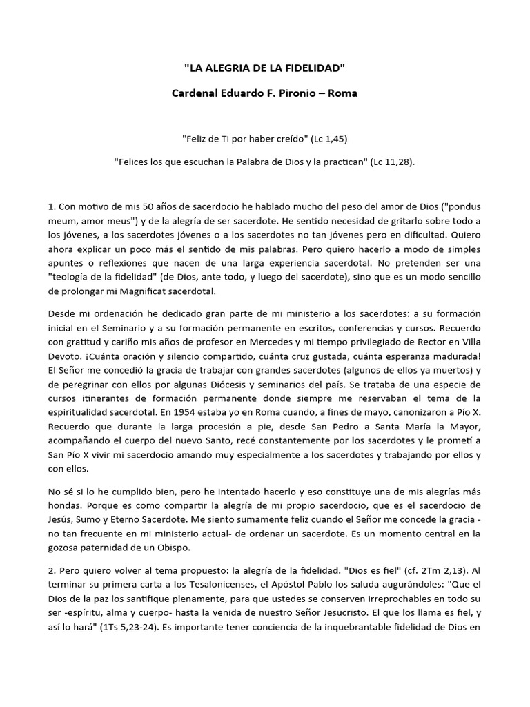 La Alegría de La Fidelidad. Pironio | PDF | Oración | Sacerdote