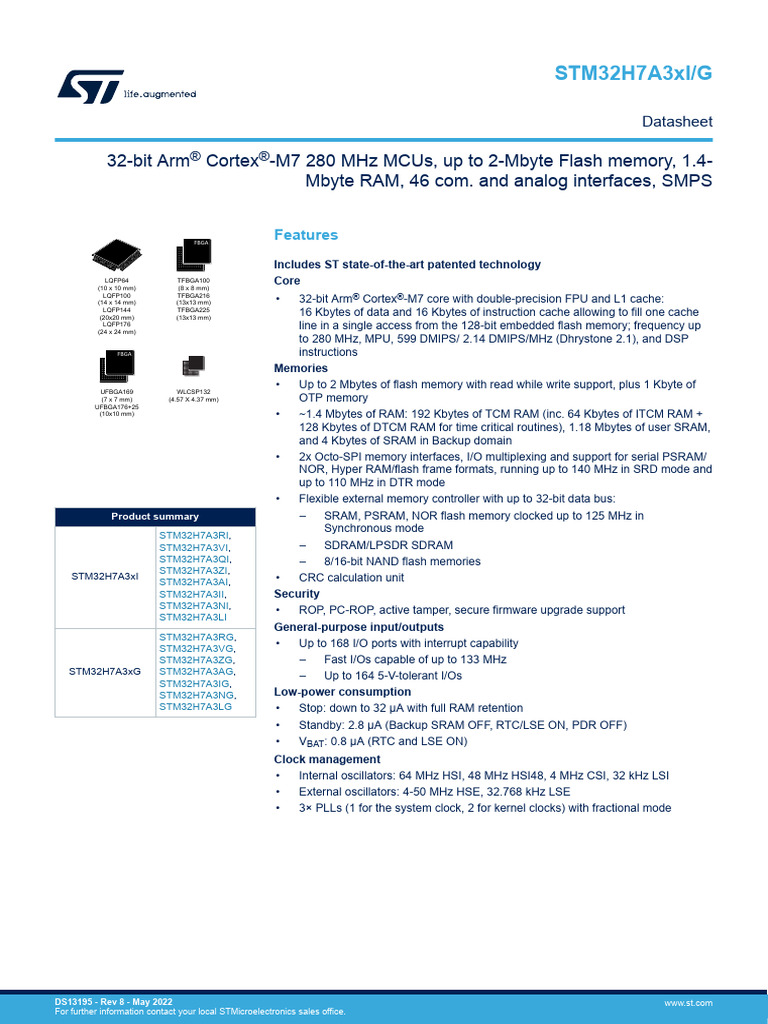 32-Bit Arm Cortex - M7 280 MHZ Mcus, Up To 2-Mbyte Flash Memory, 1.4-Mbyte Ram, 46 Com. and ...