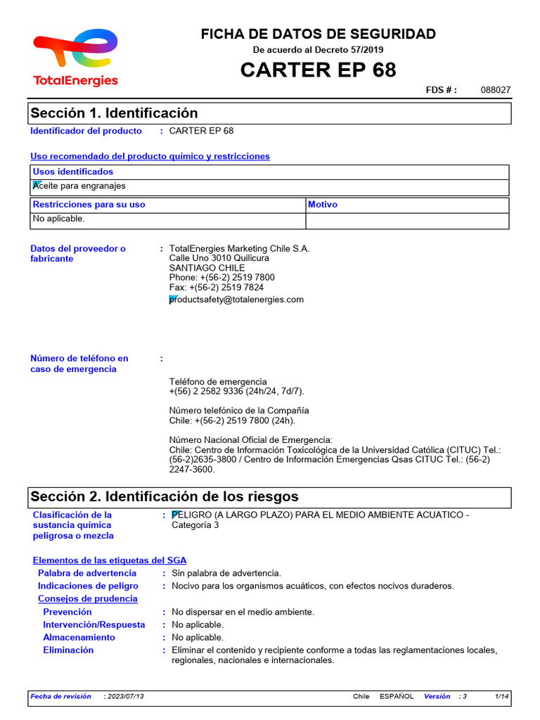 Carter EP 68 -MSDS.en.es | PDF | Residuos | Agua