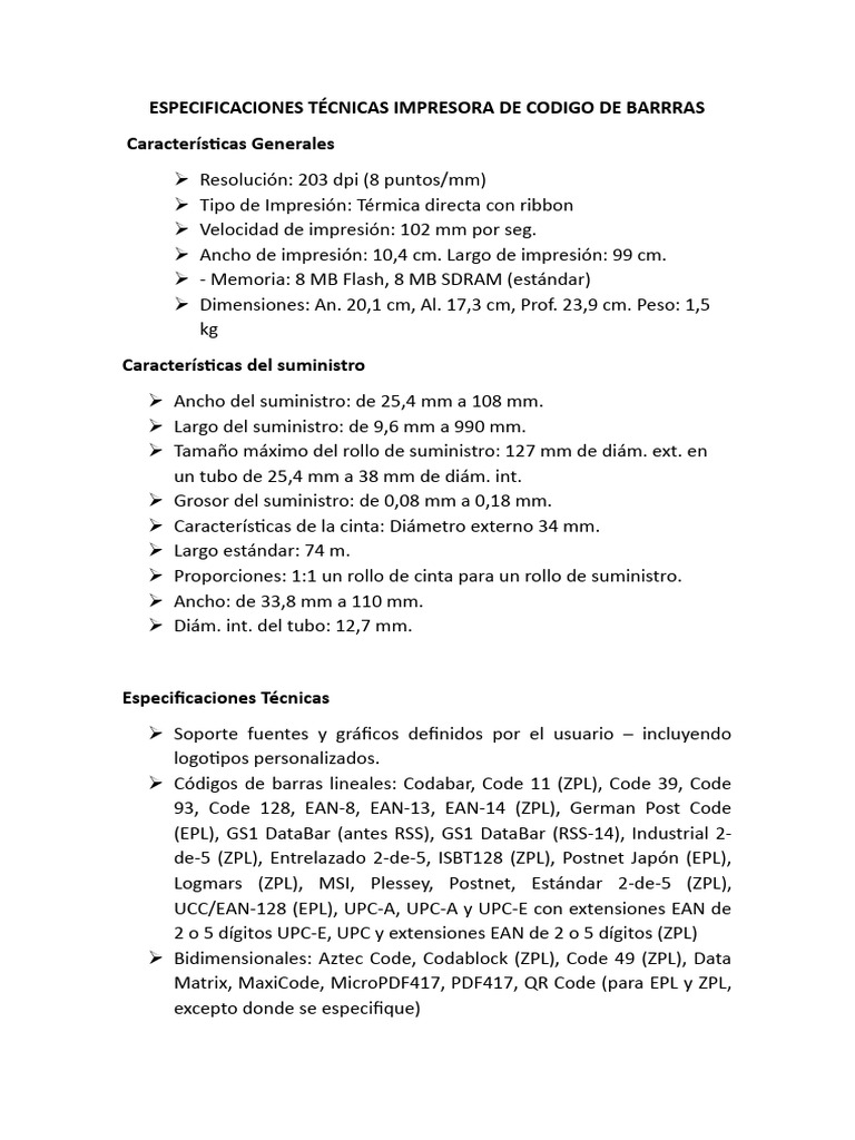 Especificaciones Técnicas Impresora de Codigo de Barrras | PDF | Tecnología de información y ...