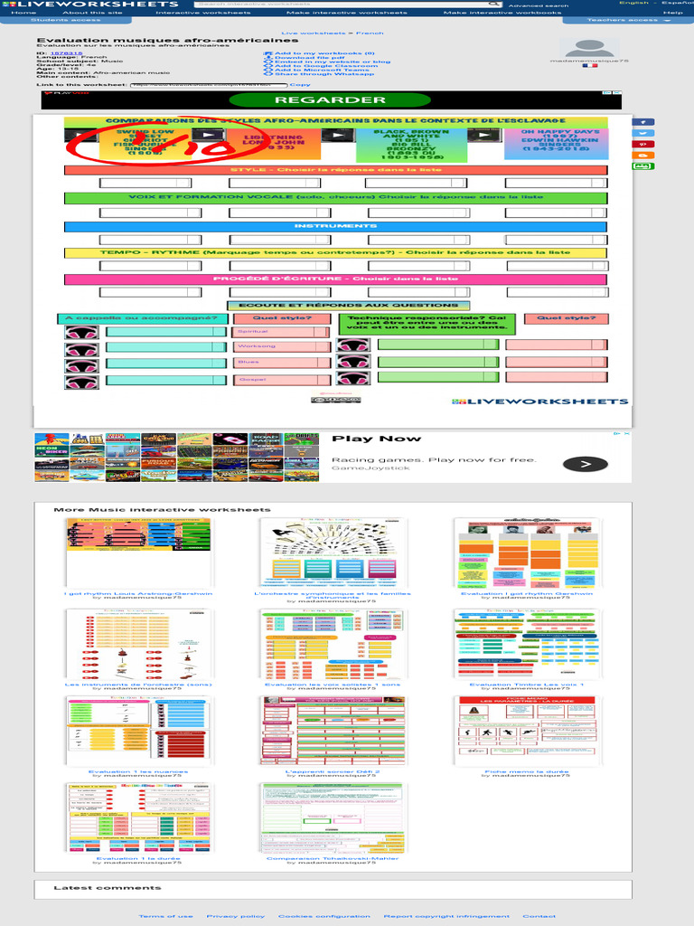 Evaluation Musiques Afro-Américaines Worksheet | PDF