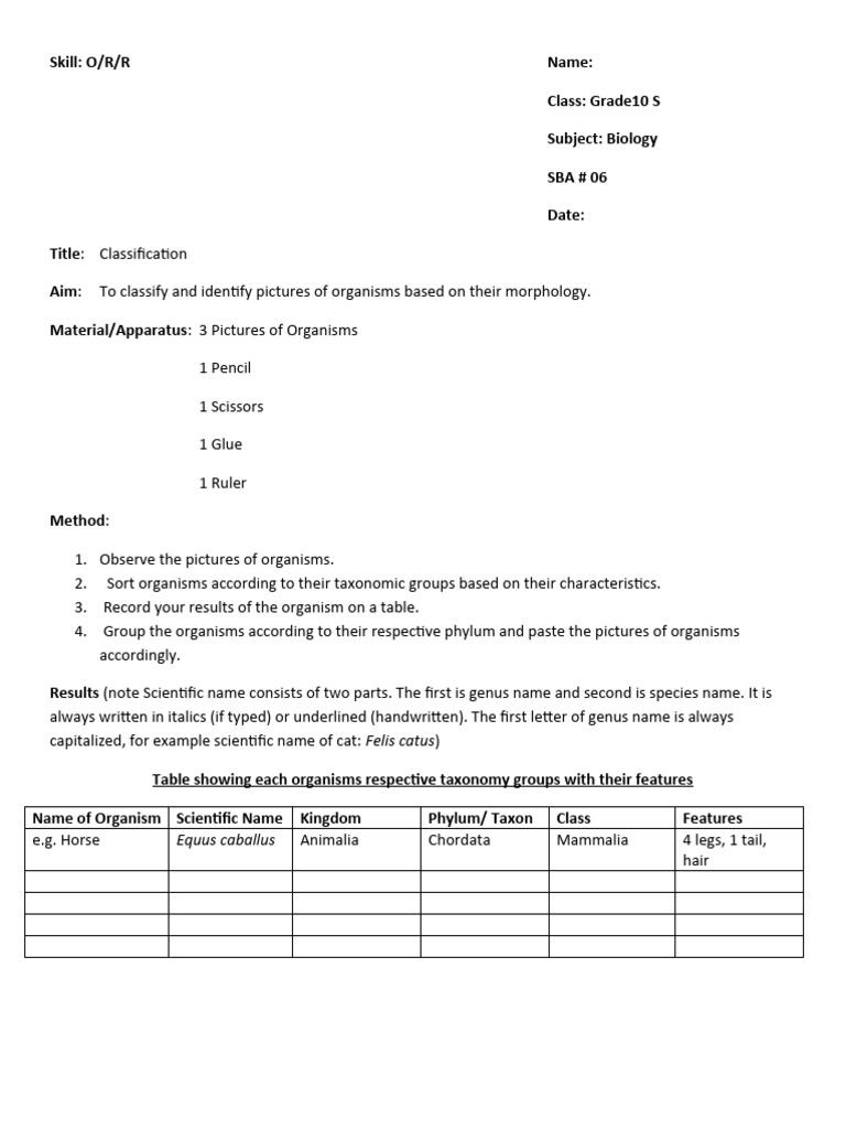 BIO 10S Lab 6 Classification ORR | PDF | Taxonomy (Biology) | Genus