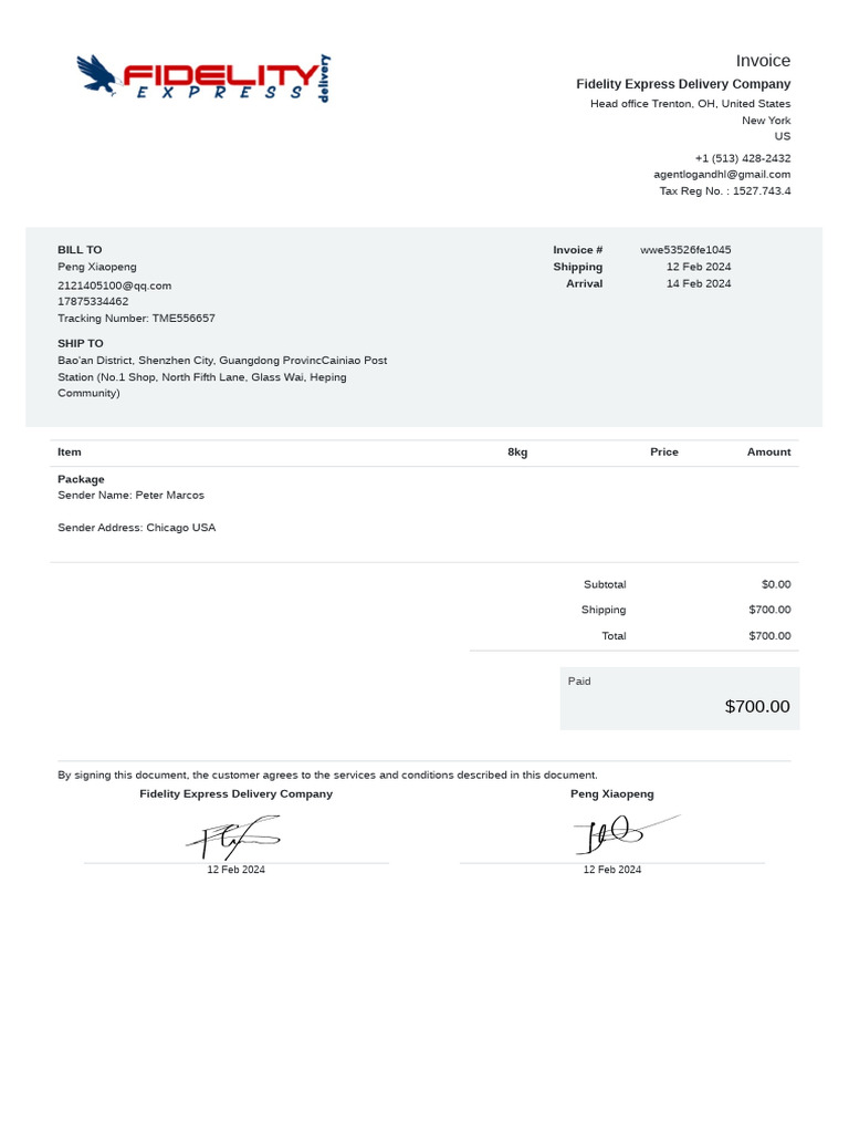 Fidelity Express Delivery Invoice #wwe53526fe1045 | PDF