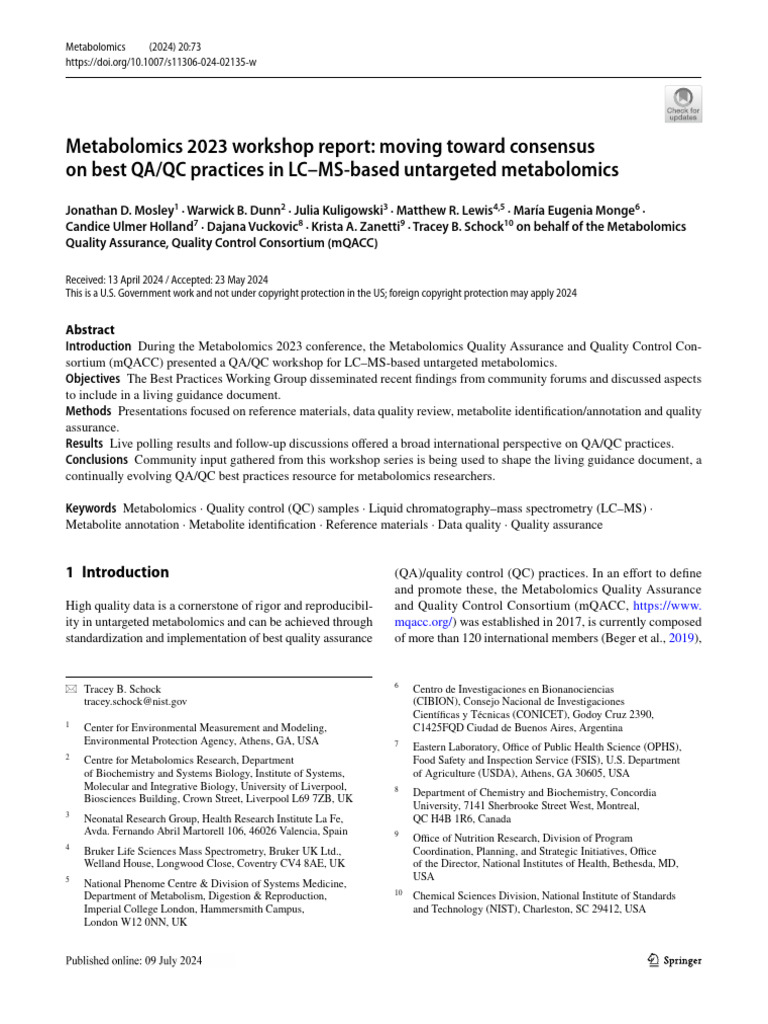 Metabolomics 2023 Workshop Report: Moving Toward Consensus On Best QA ...