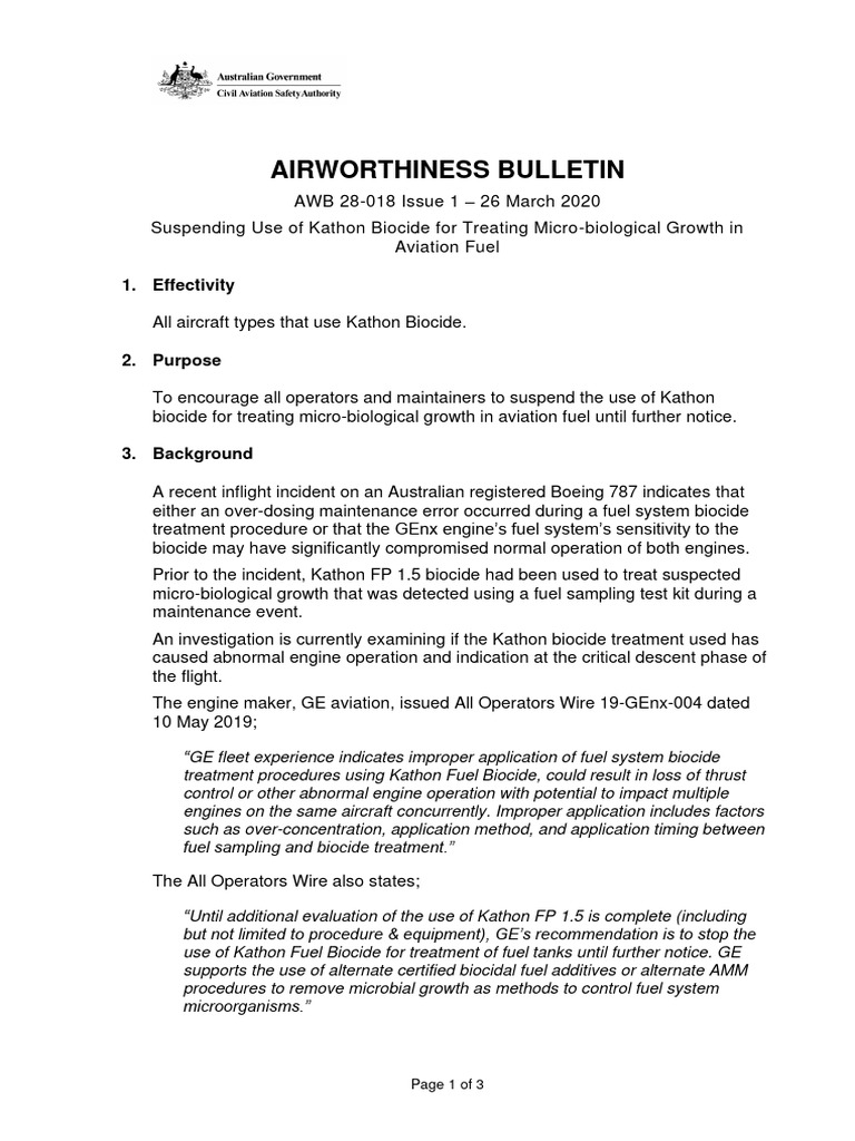 Airworthiness Bulletin 28 018 Suspending Use of Kathon Biocide For ...