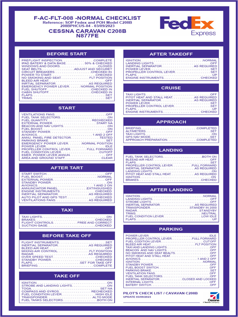 FedEx Cessna 208 Checklist | PDF | Aviation | Aircraft