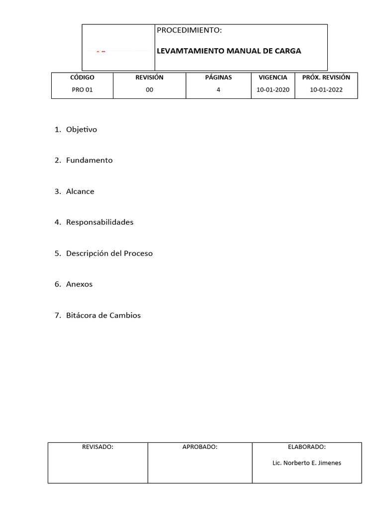 Proc. #1 Levantamiento Manual de Carga | PDF | La columna vertebral | Sistema esquelético