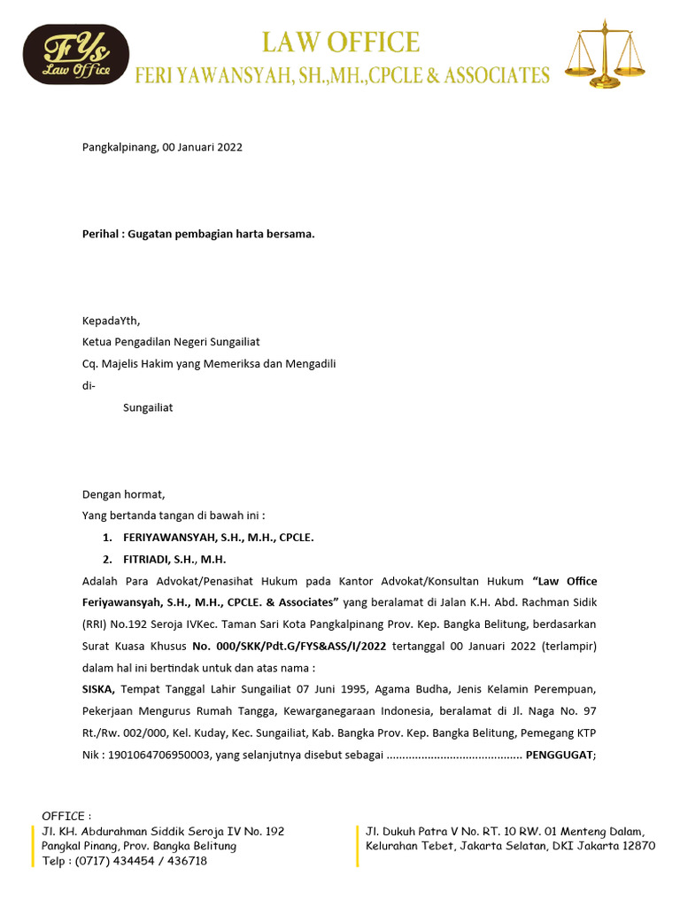 Gugatan Pembagian Harta Bersama di Sungailiat | PDF | Hukum | Griya & Taman