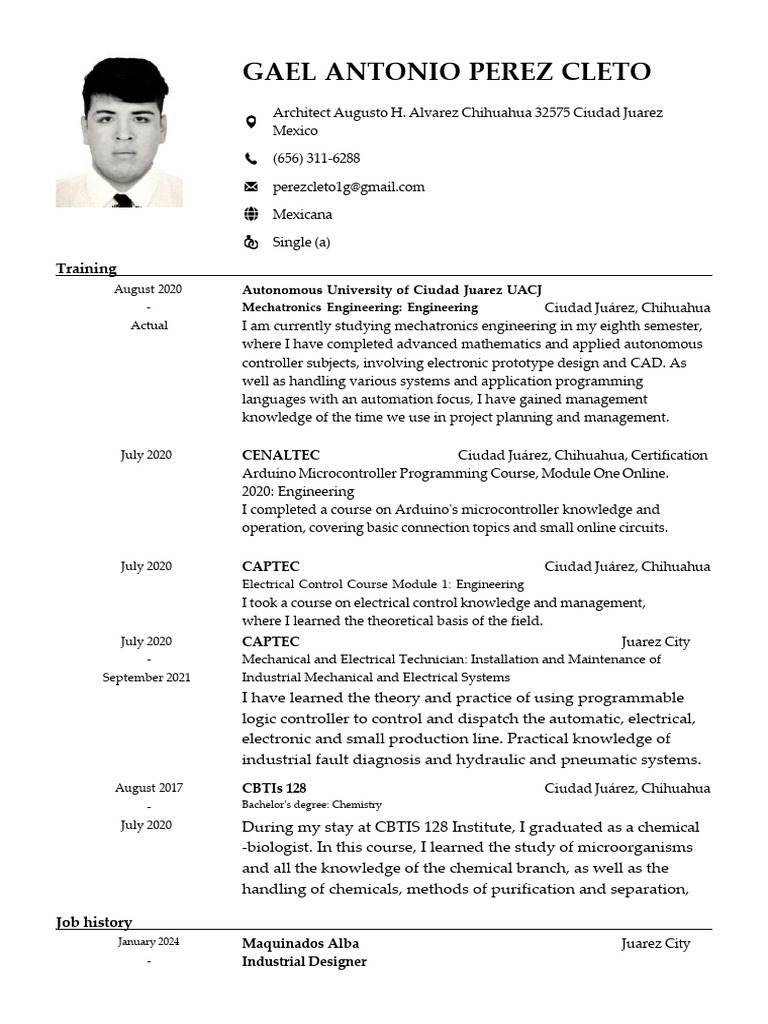 Mechatronics Engineering Resume of Gael Perez | PDF | Engineering ...