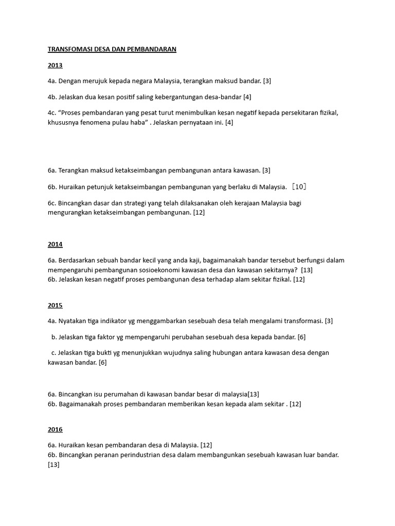 TEMA TRANSFORMASI DESA N PEMBANDARAN Soalan Sebenar | PDF
