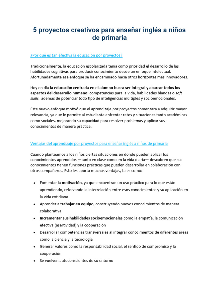 Proyectos Creativos para Enseñar Inglés a Niños | PDF | Aprendizaje ...