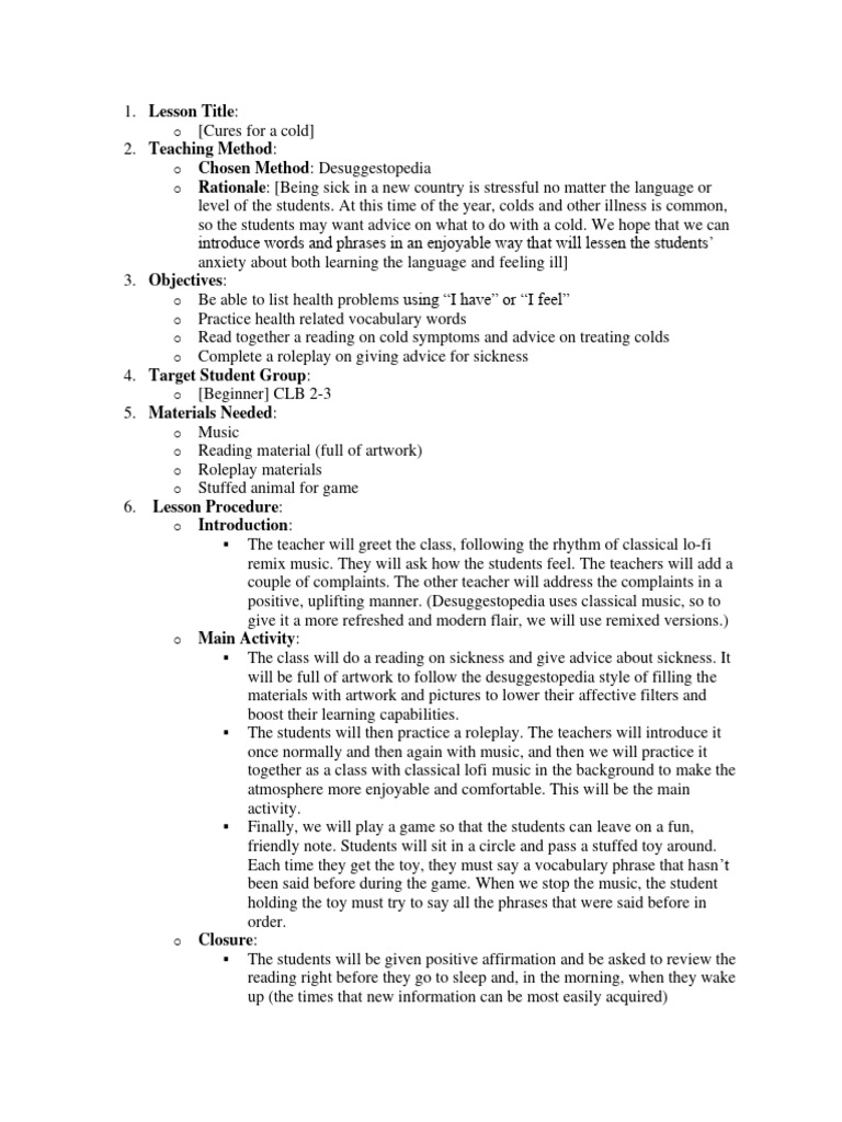 Microteaching II Lesson Plan | PDF | Common Cold | Clinical Medicine