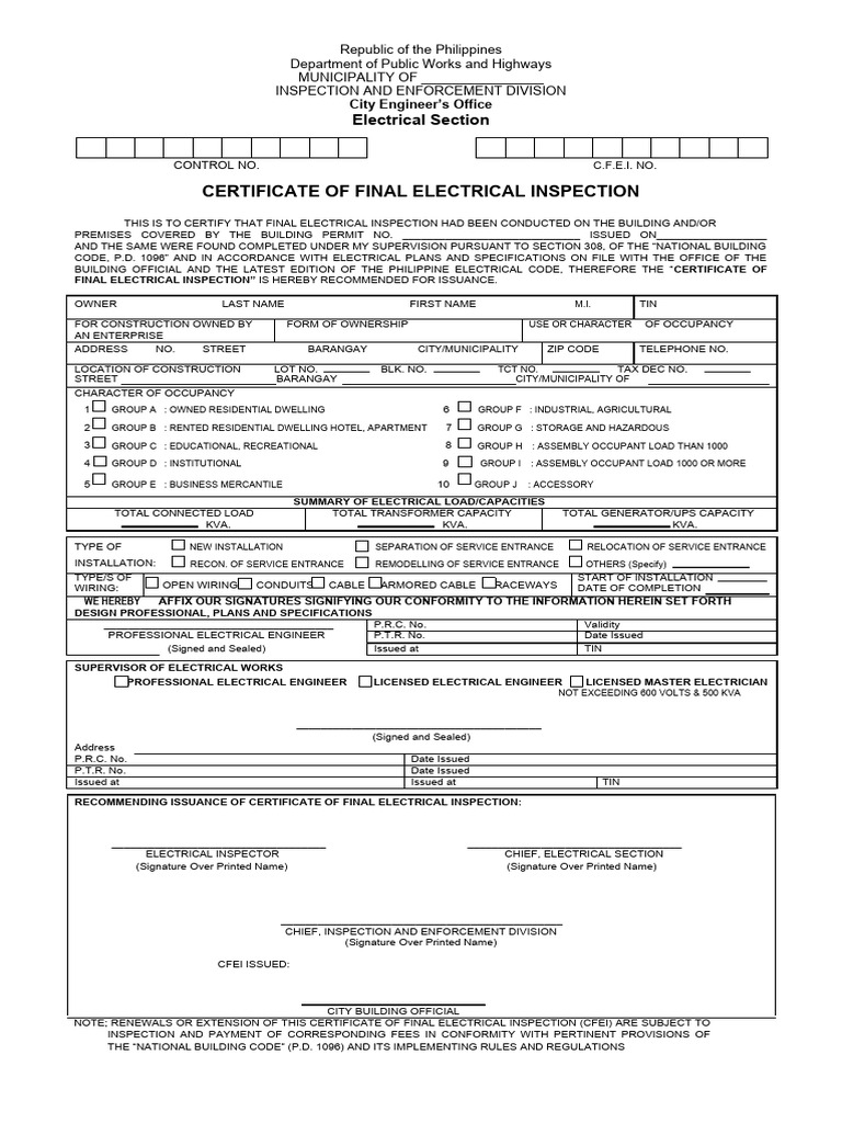 Certificate of Final Electrical Inspection | PDF | Electrical Wiring