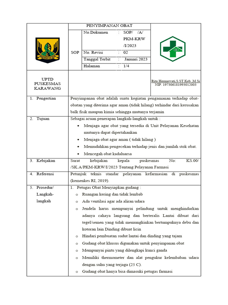 SOP PENYIMPANAN OBAT Fix 2023 | PDF