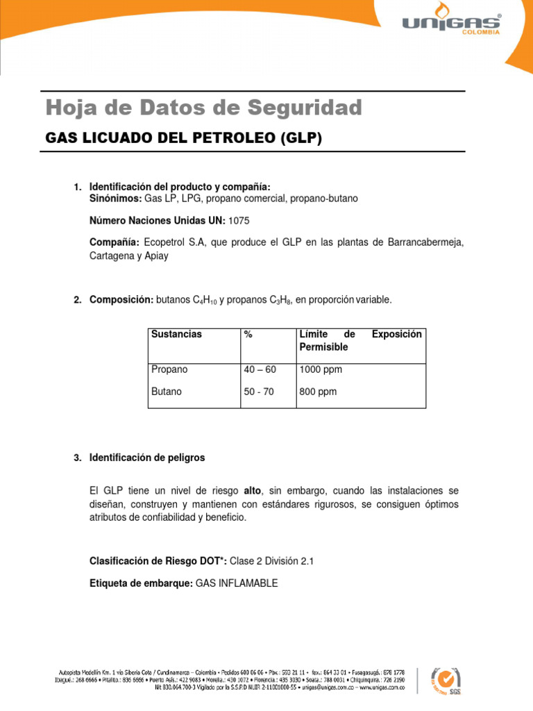 Ficha de Seguridad Del GLP Unigas | PDF | Combustión | Dióxido de carbono