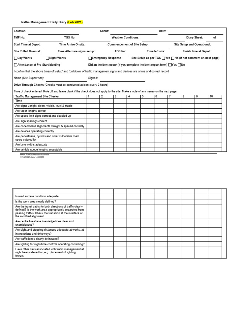 Traffic Management Daily Diary Template | PDF | Traffic | Road