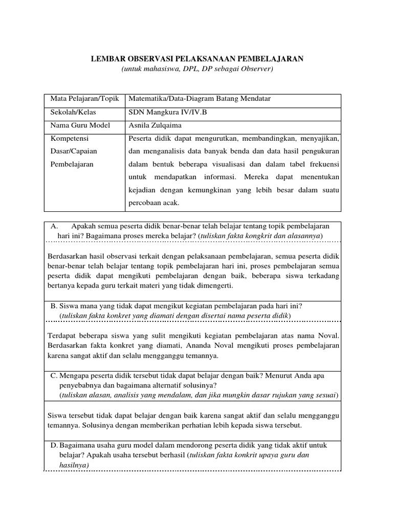 PTT 3 Lampiran 5. LK 4 Lembar Observasi Pelaksanaan Pembelajaran Untuk Observer | PDF
