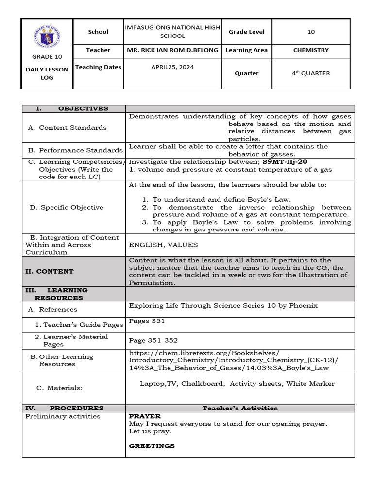 Lesson Plan Jhs | Download Free PDF | Gases | Pressure